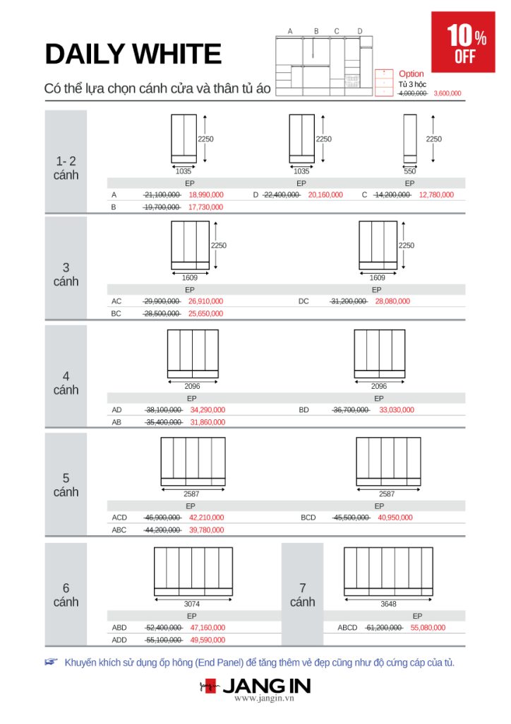 Tủ áo Daily white (4 cánh AB) - 장인가구 - Nội Thất Hàn Quốc