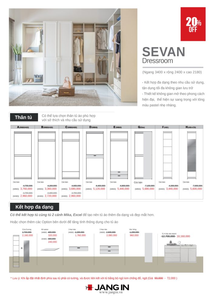 Tủ áo Sevan (khung C400) - 장인가구 - Nội Thất Hàn Quốc